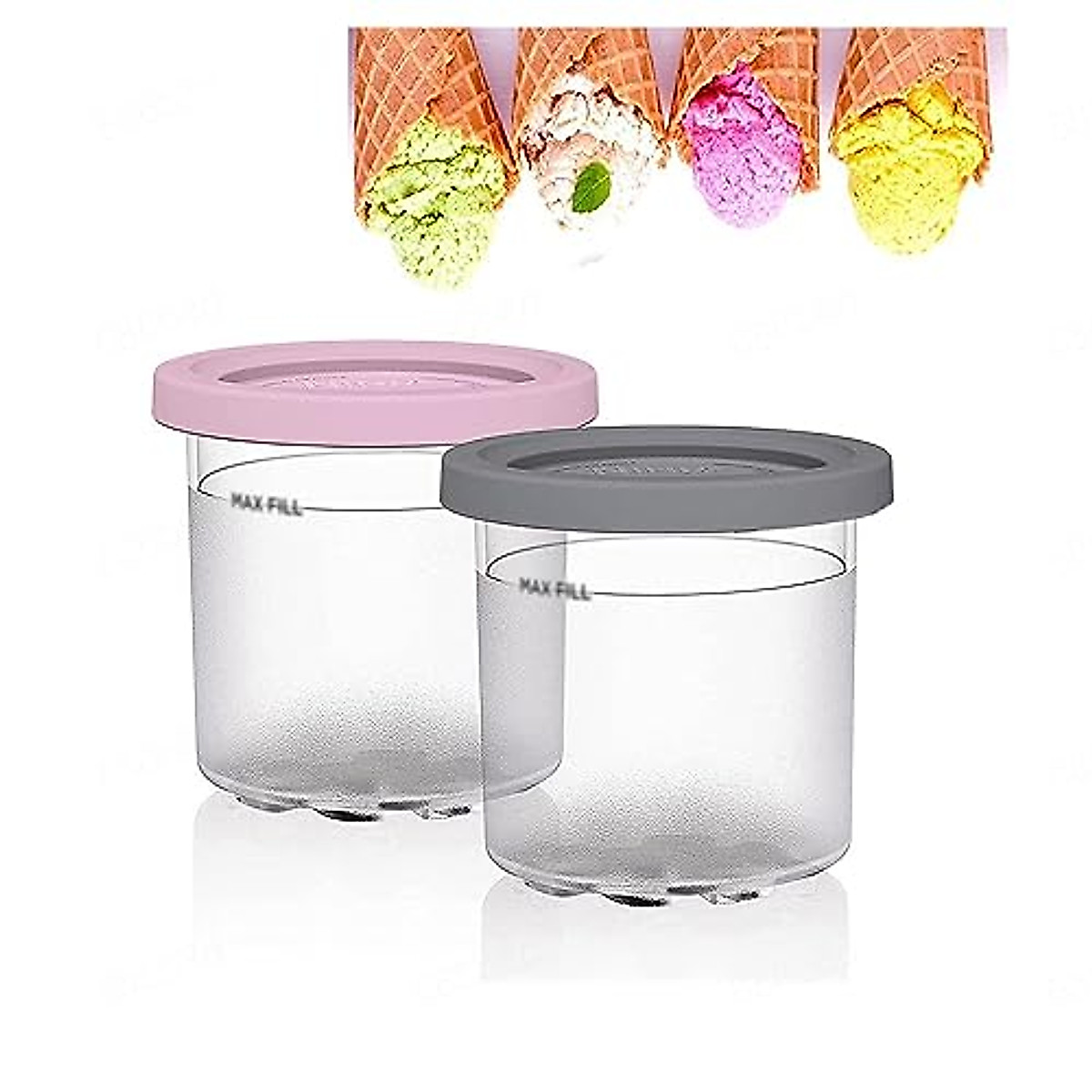EVANEM 2/4/6PCS Creami Containers, for Ninja Pints,16 OZ Ice Cream Storage Containers Safe and Leak Proof for NC301 NC300 NC299AM Series Ice Cream Maker,Pink+Gray-4PCS