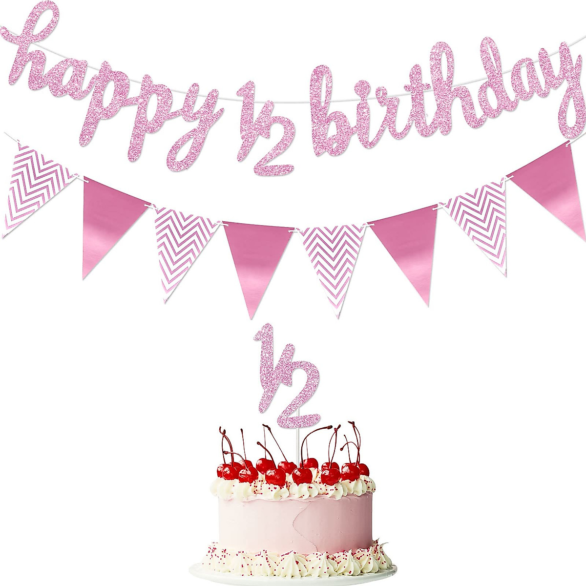 6 Months Banner Happy Birthday Banner Happy 1/2 Birthday Banner Glitter 1/2 Half Year Cake Topper Triangle Flag Banner for Half Year Baby Shower Birthday Party Decoration, Pre-strung (Pink)