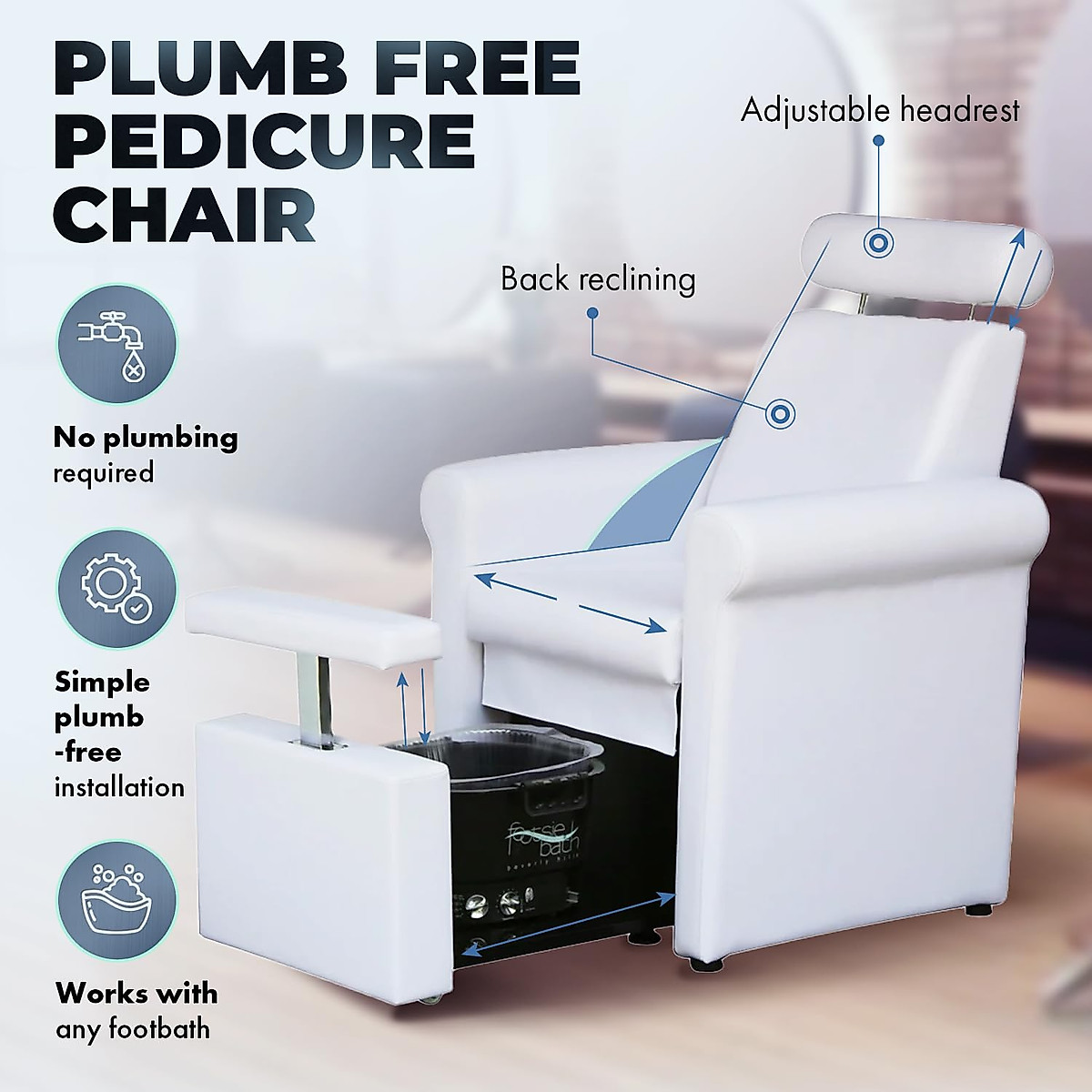 Buy-Rite Salon & Spa Equipment Mona Lisa Plumb Free Pedicure Chair, No Plumbing Pedicure Station for Professional Spas and Salons, Reclining Backrest & Pull Out Leg Rest (White)
