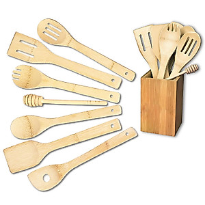 Wooden Spatula - 8 Pieces Wooden Spoons For Cooking - Wooden Utensils For Cooking - Bamboo Cooking Utensils Set with Holder - Bamboo Kitchen Utensils - Cooking Spoon Set - Kitchen Utensils Set Wood
