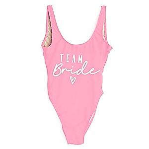 MUZHI Swimwear Women One Piece Swimsuit Team Bride Glitter Gold Print Bathing Suit Monokini Bodysuit Bachelor Party (as1, Alpha, l, Regular, Regular, Team Bride Pink)