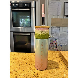 Tronco 20 oz Double Walled Insulated Glass Tumbler with Straw and Lid, Vacuum Stainless Steel Outer, Reusable Insulated Iced Coffee Cup Smoothie Cup, Sweat-Free, BPA Free