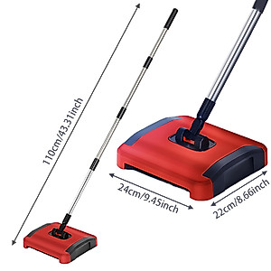 BEAHING Carpet Sweeper Manual 3 Rolling Brushes Floor Sweeper Carpet Brush with Wheels and Large Waste Bin 43inch Detachable Carpet Cleaner for Pet Hair Dust Debris, Carpet Brush