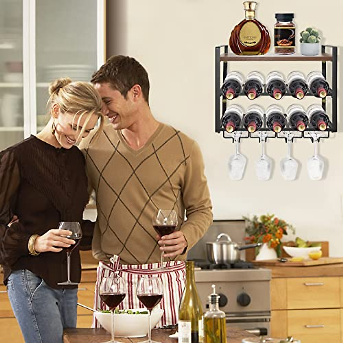 AUHOKY Industrial Wine Rack Wall Mounted Glasses Holder, 3-Tiers Metal Hanging Storage Display Shelf with Wine Bottles Glass Goblet Rack, Floating Shelves for Living Room Kitchen Home Decoration