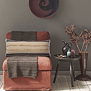 LR Home Atlantis Blue Lumbar Jute Braiding and Fringe Throw Pillow, 1 Count (Pack of 1), Denim/Tan/Taupe