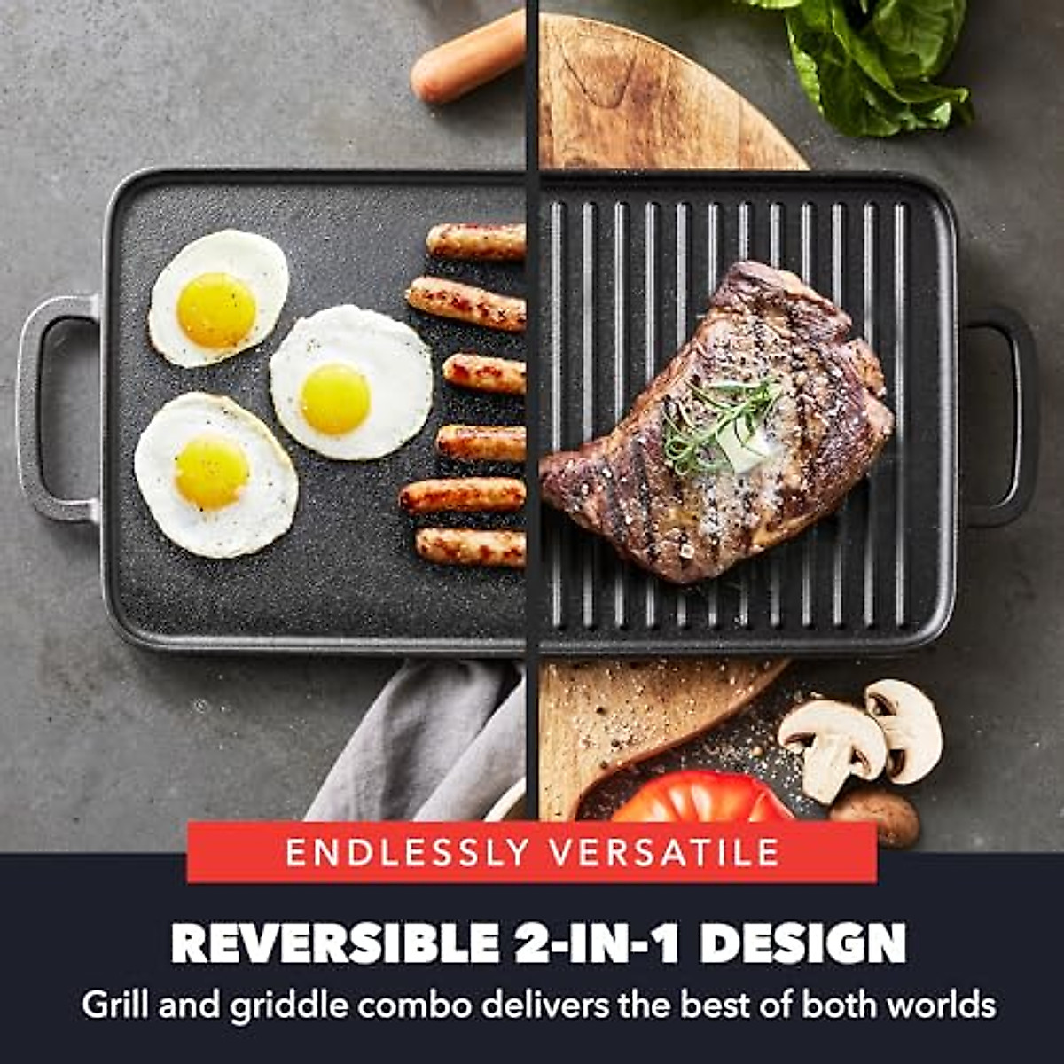 GreenPan x Bobby Flay Cast Iron Pre-Seasoned 11” Reversible Double Burner Rectangle Grill/Griddle, Helper Handles, Induction Suitable, Versatile Stovetop, Oven, BBQ & Fire, Indoor/Outdoor Use, Black