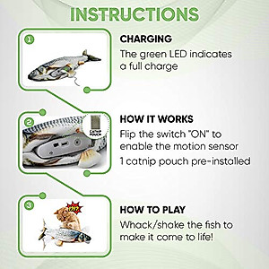 Flopping Fish Cat Toy - Interactive Floppy Fish Cat Kicker Toy with 2 Catnip Packets | Funny Moving Cat Toy for Excercise & Boredom | USB-Charged, Soft & Washable | Electric Fish Cat Toy Gift 12x5 in.