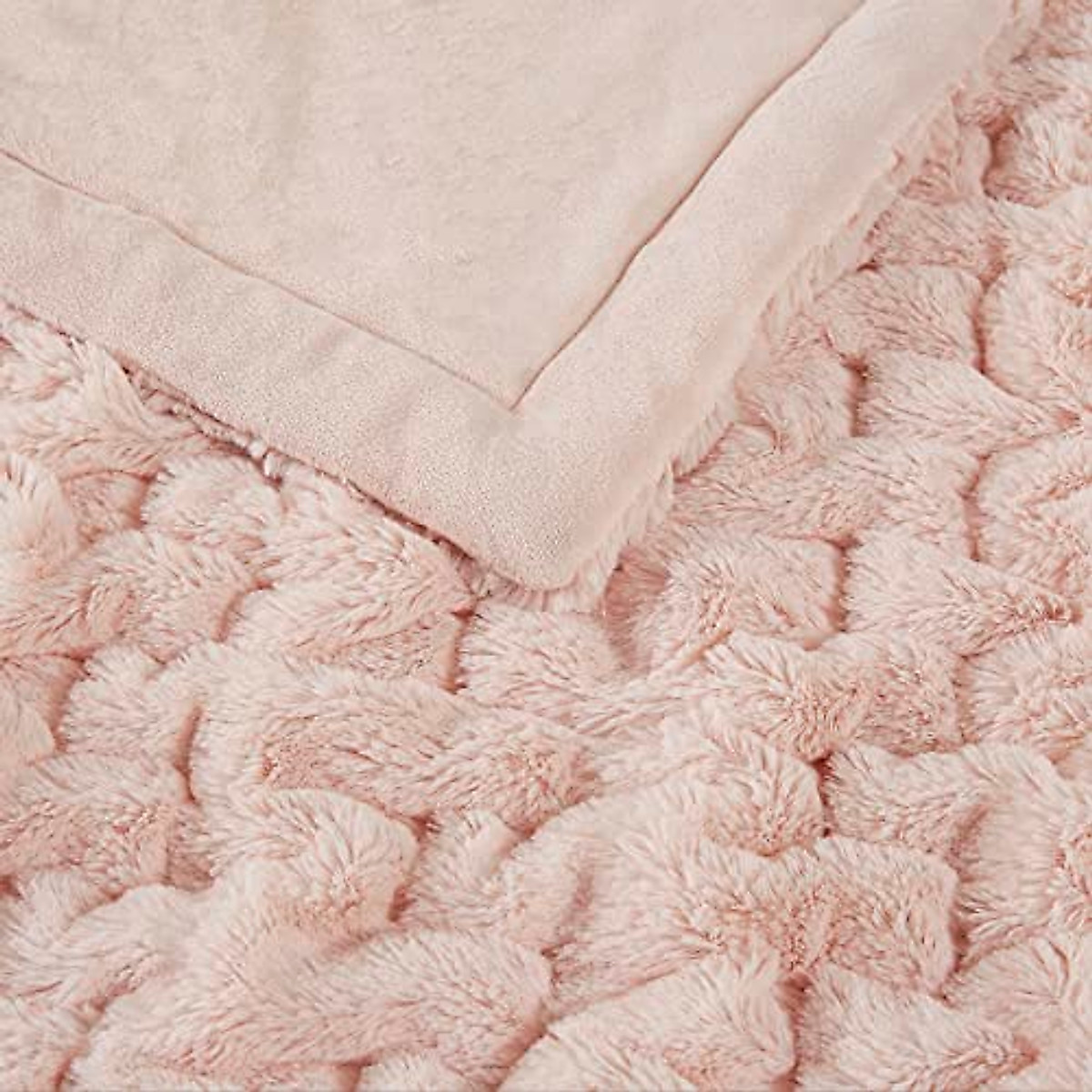 Madison Park Ruched Luxury Throw Premium Soft Cozy Brushed Long Faux Fur For Bed, Couch or Sofa, 50"x60", Blush