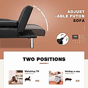 Flamaker Futon Sofa Bed Modern Faux Leather Couch, Convertible Folding Recliner Lounge Futon Couch for Living Room with 2 Cup Holders with Armrest