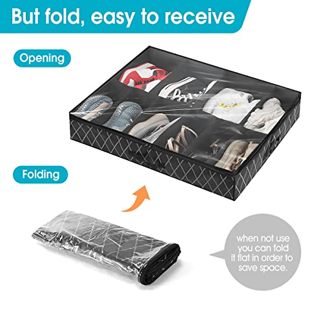 BAYUTE Under Bed Shoe Storage Organizer - 2 Pack Set with Zipper and Handle, Transparent Window, Foldable Non Woven Shoe Organizer (BLACK)