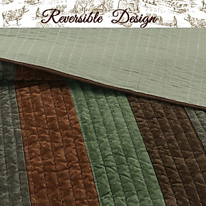 Cozy Line Home Fashions Rhett Dark Brown Sage Green Bold Striped Velvet Reversible Quilt Bedding Set, Coverlet, Bedspread Set (Brown/Sage, Queen - 3 Piece)