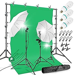 LimoStudio 10 x 9.6 ft. Heavy Duty Backdrop Stand / 10 x 20 ft. Green Background Screen / 700W Continuous Output Umbrella Lighting Kit, AGG408