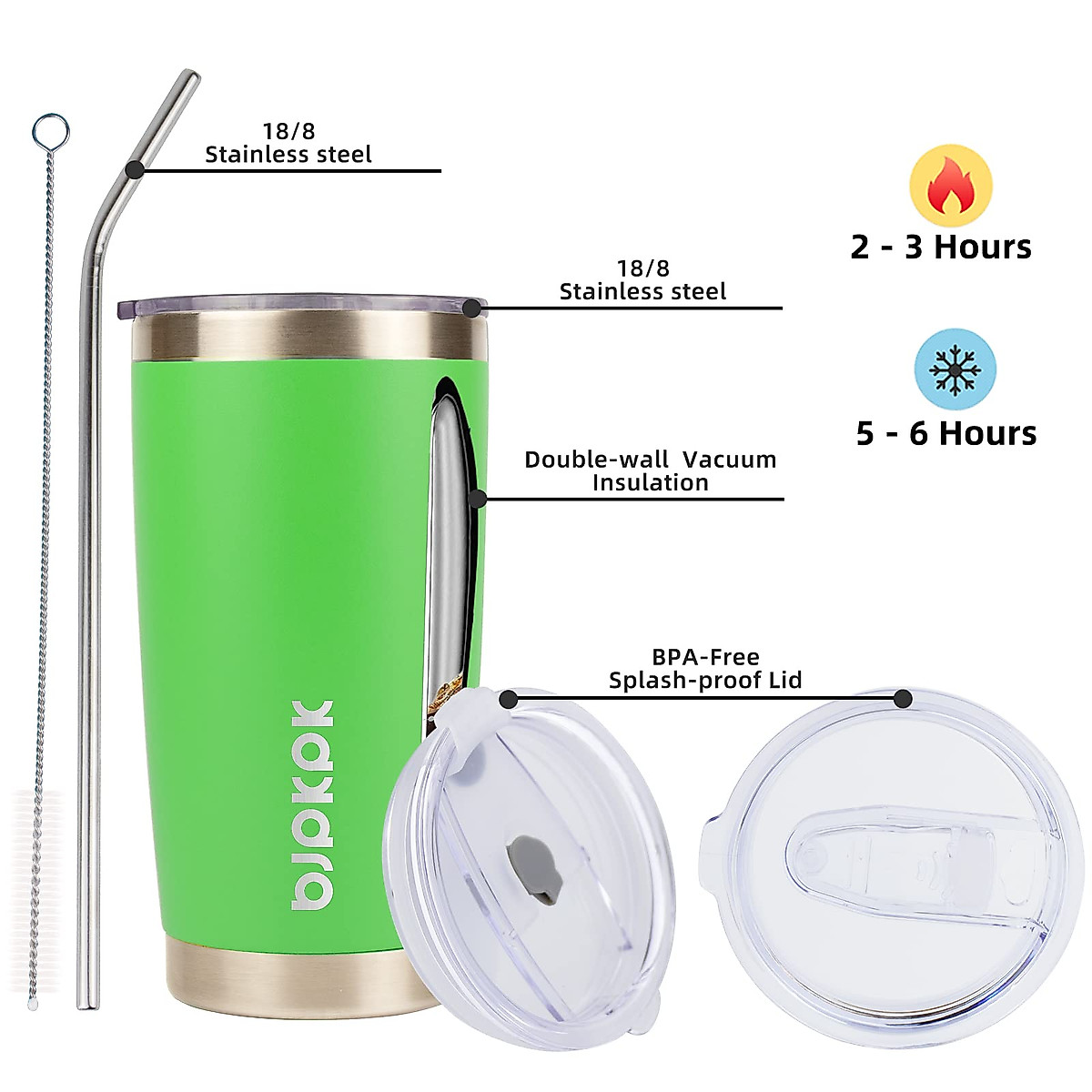 BJPKPK 20 oz Insulated Tumblers With Lid And Straw Stainless Steel Coffee Tumbler Cup,Green