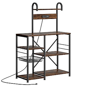 JAMFLY Bakers Rack with Power Outlet, Microwave Stand, kitchen Storage Shelf with 6 Hooks, Coffee Bar Station with Wire Basket, 6 Tier Kitchen Rack for Living Room, Spice, Pots and Pans Organizer
