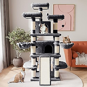 SHA CERLIN 68 Inches Multi-Level Large Cat Tree for Large Cats/Big Cat Tower with Cat Condo/Cozy Plush Cat Perches/Sisal Scratching Posts and Hammocks/Cat Activity Center, Dark Grey