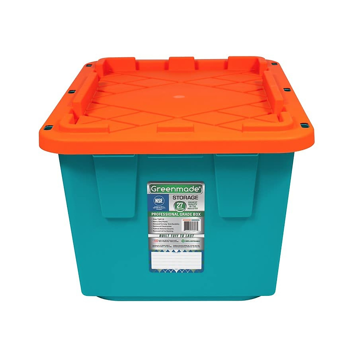 GREENMADE Extra Strong 27Gallon Plastic Storage Bin, Multi Color, 4 Pack. Heavy Duty Built With Snap Fit Lid. Factory Direct (Blue & Orange)