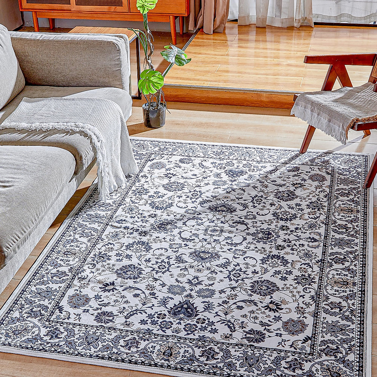 Boho Vintage Area Rug - 5x7 Large Persian Washable Living Room Rug Ultra-Thin Non-Slip Non-Shedding Print Floor Carpet for Bedroom Home