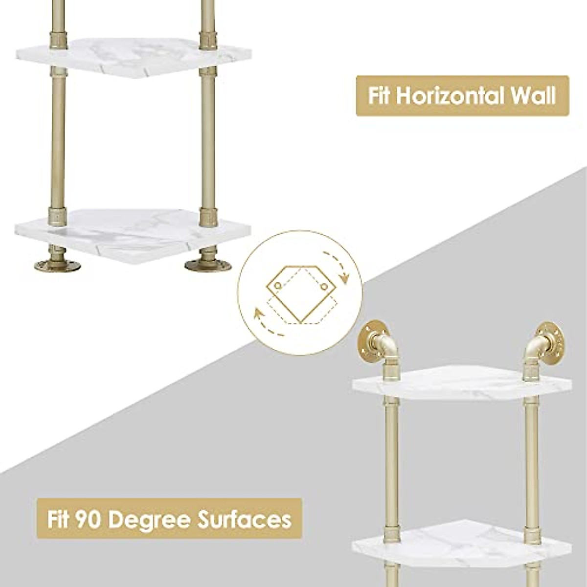 ivinta Corner Bookshelf with Storage, Wall Mount Pipe Shelves, White Corner Shelf Stand, Gold Metal Décor Bookcase, Modern Shelf Organizer Display Stand Rack for Bedroom, Bathroom, Living Room