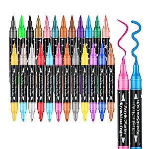24 Colors Dual Tip Acrylic Paint Marker Pens Set, Multifunctional Acrylic Tips with Laser Pen Body, Professional Acrylic Paint Pens for Wood, Canvas, Rock Painting, Glass, DIY Crafts Art Supplies