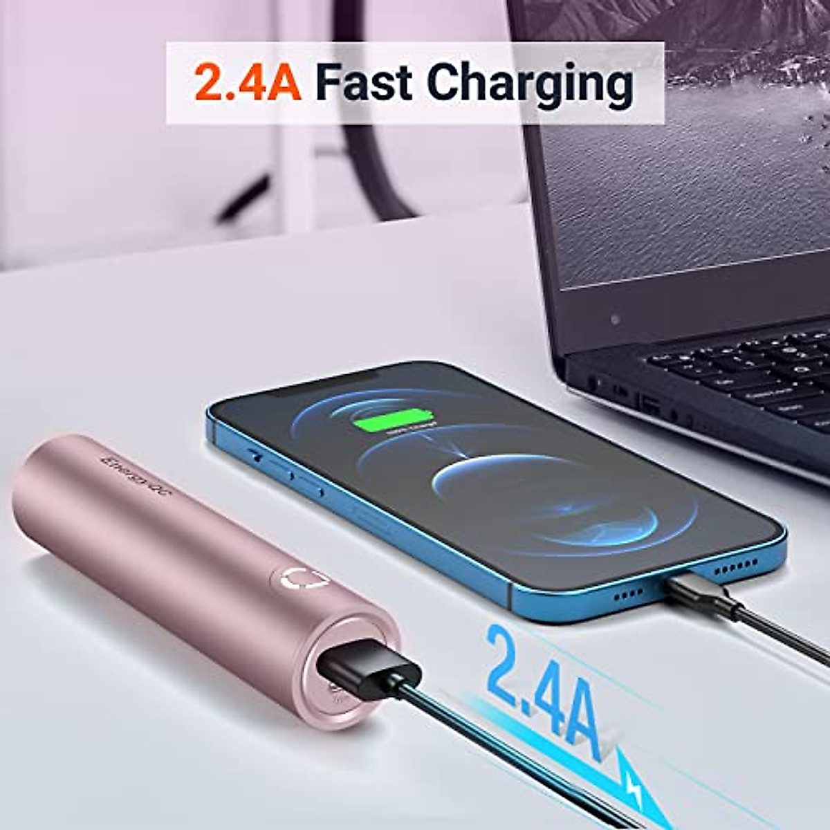 EnergyQC Fast Charging Portable Charger 5000mAh,External Battery Power Bank with USB-C Input(Recharge Only), Battery Pack Compatible with iPhone,Samsung Galaxy,Airpods and More-Rose Gold