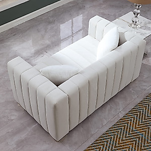 DREAMODERN 62.6'' Chesterfield Sofa Loveseat Couch for Living Room, Modern Velvet 2-seat Upholstered Sofa Couch with Pillows and Strong Gold Metal Legs for Apartment Bedroom Dorm Office - White