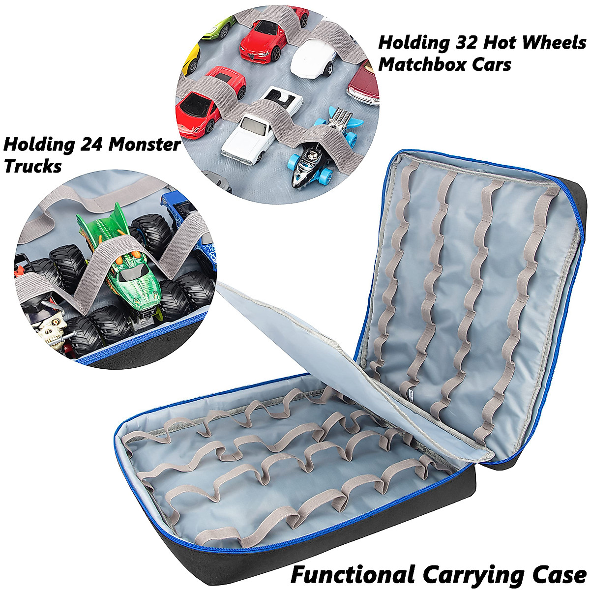 KISLANE 56 Toy Cars Carrying Case for 1: 64 Scale Toy Cars and Monster Trucks, Functional Storage Bag for Toy Cars and Monster Trucks (Black)