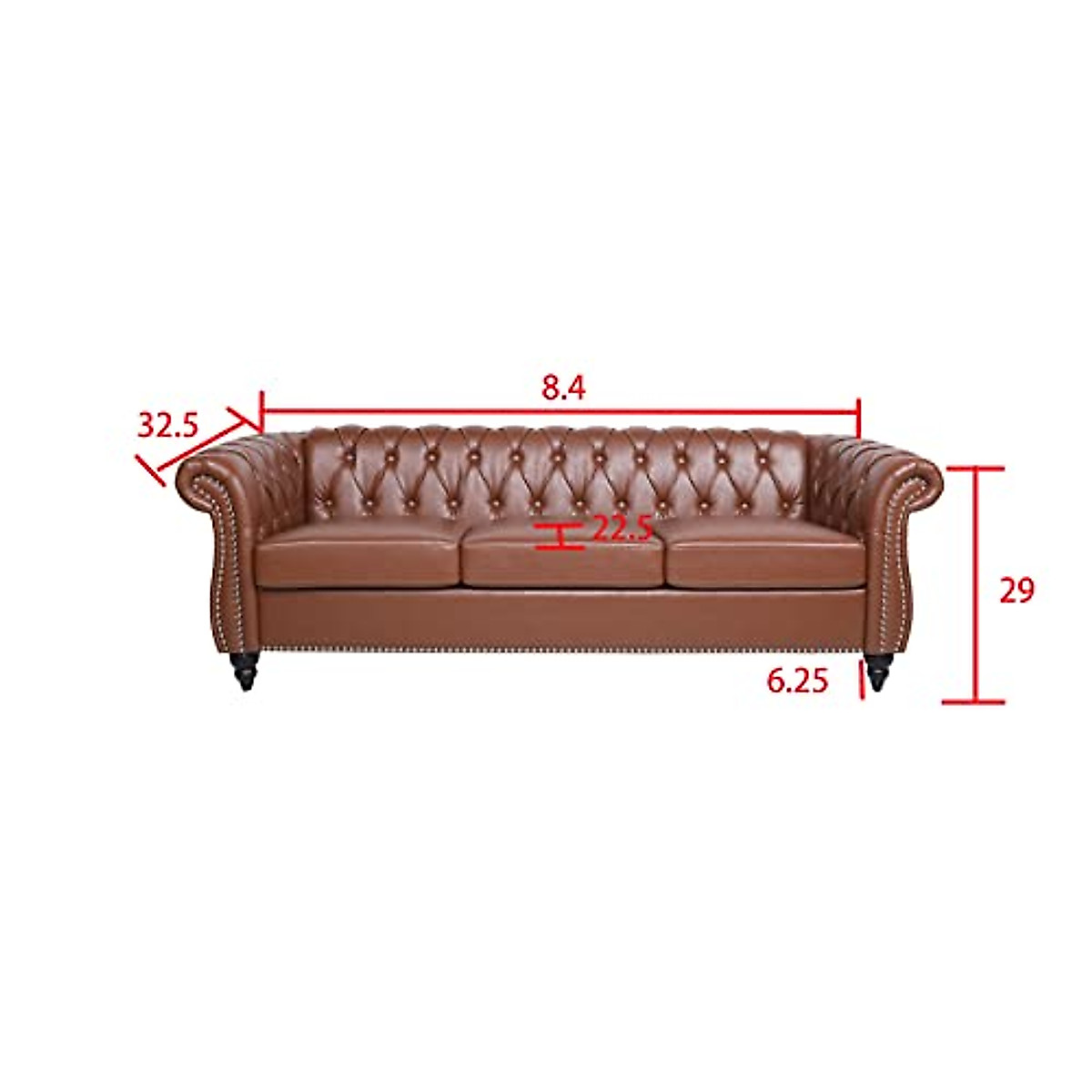 HomSof 84" Rolled Arm Chesterfield 3 Seater Sofa Mid Century Modern Couch for Small Spaces, Brown PU Leather