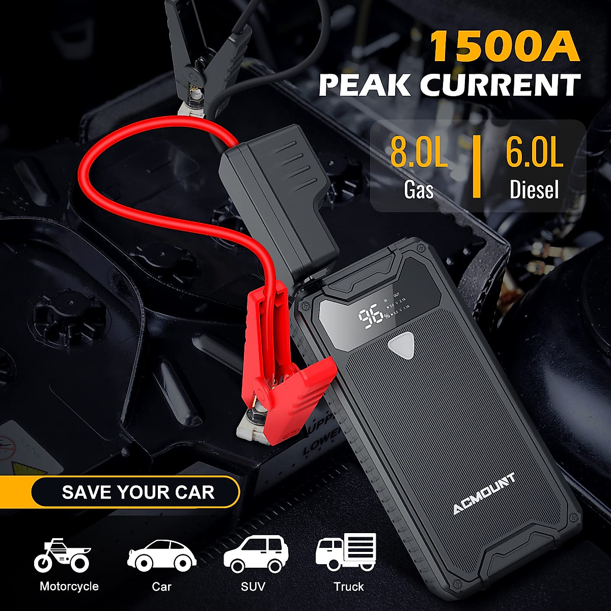 Car Jump Starter Portable, Acmount 1500A Peak Jump Starter Battery Pack for Up to 7L Gas or 6L Diesel Engine, 12V Portable Car Battery Starter with LED Display, USB Quick Charge