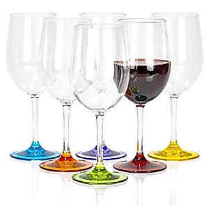 Red Co. Set of 6 Classic Clear Plastic 12 Ounce Outdoors Wine Glasses with Colored Bases