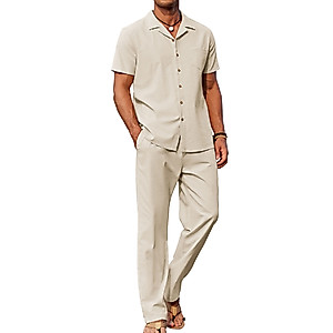 COOFANDY Men Beach Linen Outfits Sets 2 Piece Cuba Guayabera Shirts Summer Island Sets