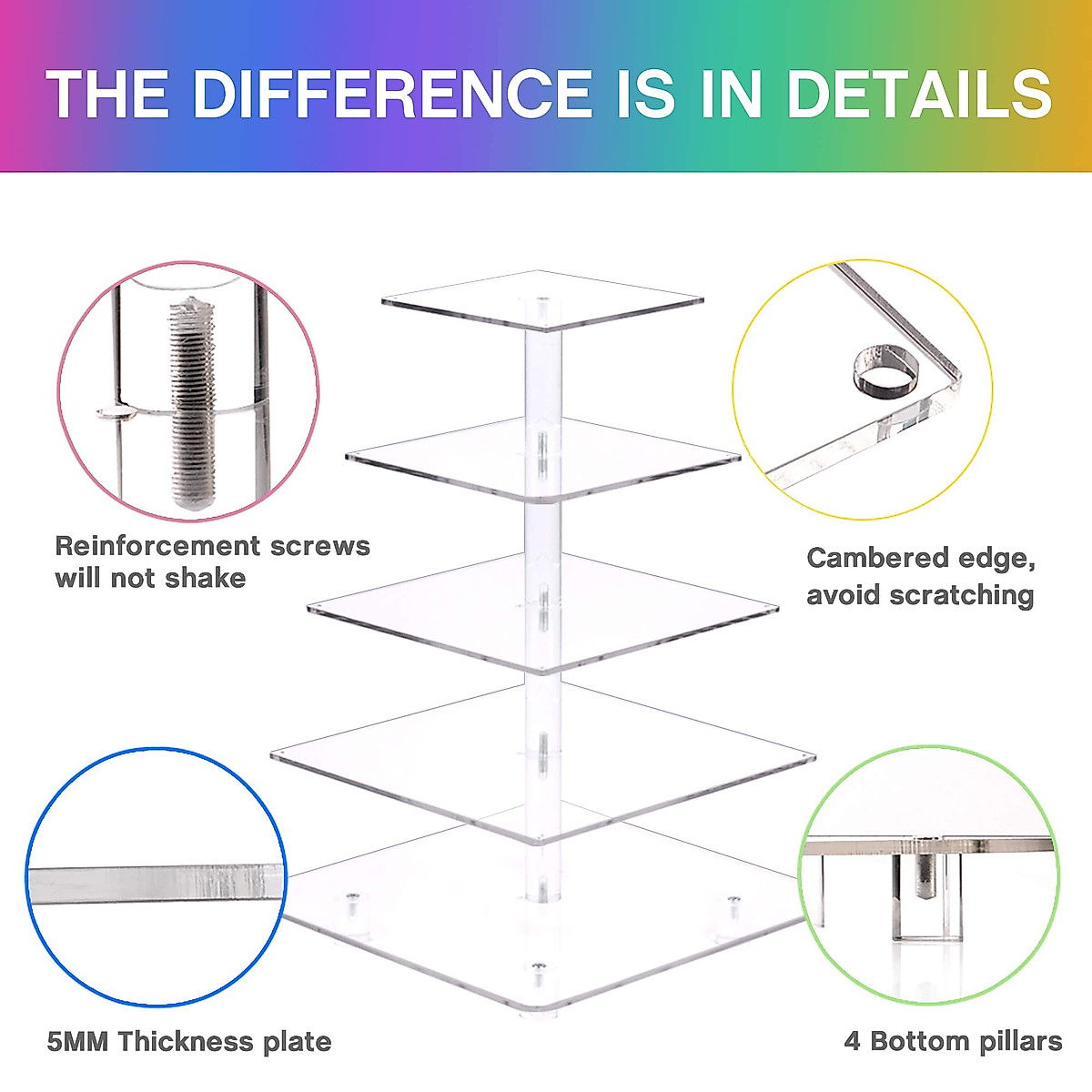 YestBuy 4 Tier Shelf Cake Pop Stand (Pink) +5 Tier Premium Cupcake Holder – Acrylic Cupcake Tower Display – Cady Bar Party Décor – Acrylic Display for Pastry Weddings, Birthday (Colorful)