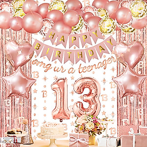 ZERODECO Rose Gold Birthday Party Decorations 13th, Happy Birthday Banner Fringe Curtain 13 Garland Heart Star Foil Confetti Balloons for Women Girls Queen Princess Birthday Party