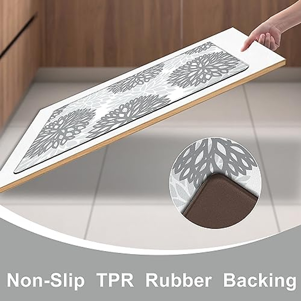 Gray Cushioned Anti Fatigue Kitchen Rugs Set of 2, Waterproof Non Slip, PVC Leather Memory Foam, 17.3''x 28''+17.3'' x 47''