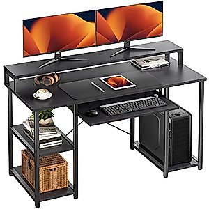 NOBLEWELL Computer Desk with Storage Shelves, 47 inch Home Office Desk with Monitor Stand, Writing Desk Table with Keyboard Tray (Black)