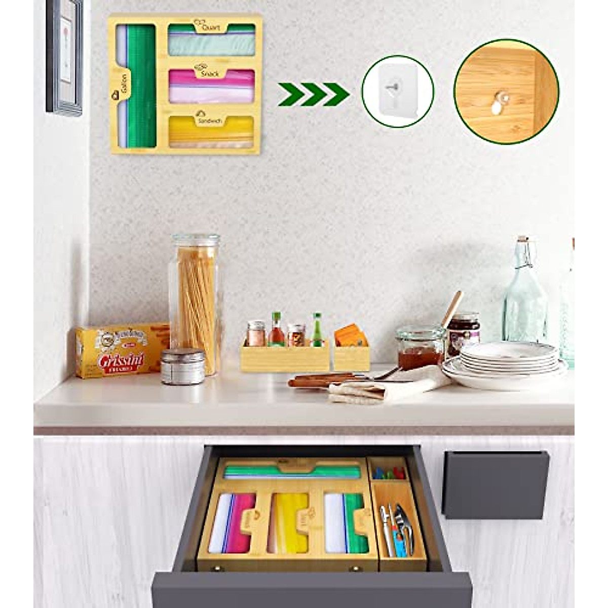 AIONASA Ziplock Bag Storage Organizer for Kitchen Drawer, Bamboo Organizer,Bamboo Plastic Bag Holder with 2 Extra Bonus Storage Boxes, Compatible with Sandwich,Gallon,Quart,Snack Plastic Bags