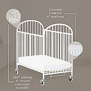 Foundations Pinnacle Folding Steel Crib, Portable Baby Crib with Commercial Grade 3" Casters, Heavy Duty Steel Hotel Crib, Includes 4 Inch Foam Mattress, White
