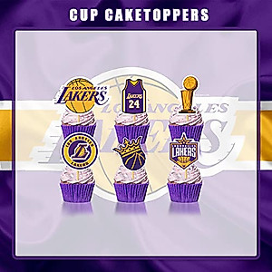 Lakers 24 Birthday Party Supplies for Men Boys Adults Kobe Bryant and Lebron James Basketball Game Theme Party Decorations Including Plates and Cups Tablecloth Backdrop Cake Toppers Backdrop