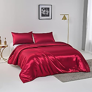 Ydtwnyq 3 PCS Burgundy Red Satin Silky Duvet Cover Queen Size Luxury Silky Bedding Set Super Soft Solid Color 90"x90" Duvet Cover,2 Pillowcases(Queen,Burgundy Red)