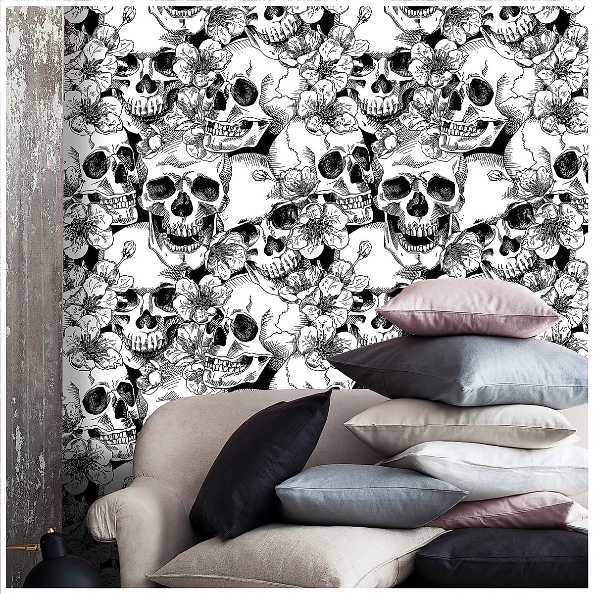 HAOKHOME Halloween Peel and Stick Wallpaper Sugar Skull Floral for Bedroom Black/White Removable Accent Wall Decorations 17.7in x 32.8ft