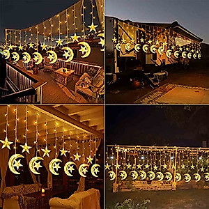 Janchs Solar String Lights Outdoor Ramadan Eid Decorations, 8 Modes Waterproof 138LED Solar Powered Star Moon Curtain Lights Window Fairy Lights for Backyard Garden Patio Home Christmas Ramadan Decor