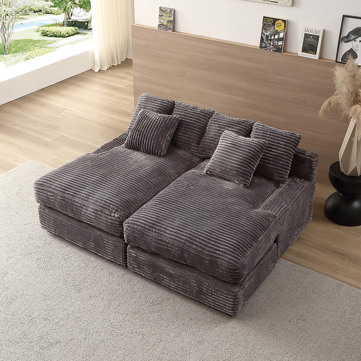 NDPQN Oversized Luxe Double Chaise Sleeper Sofa, Comfortable Cloud Couch Soft Fluffy Corduroy Upholstery with Square Armrests & Removable Back Cushioned for Living Room Bedroom (Grey, 74.8 inch)