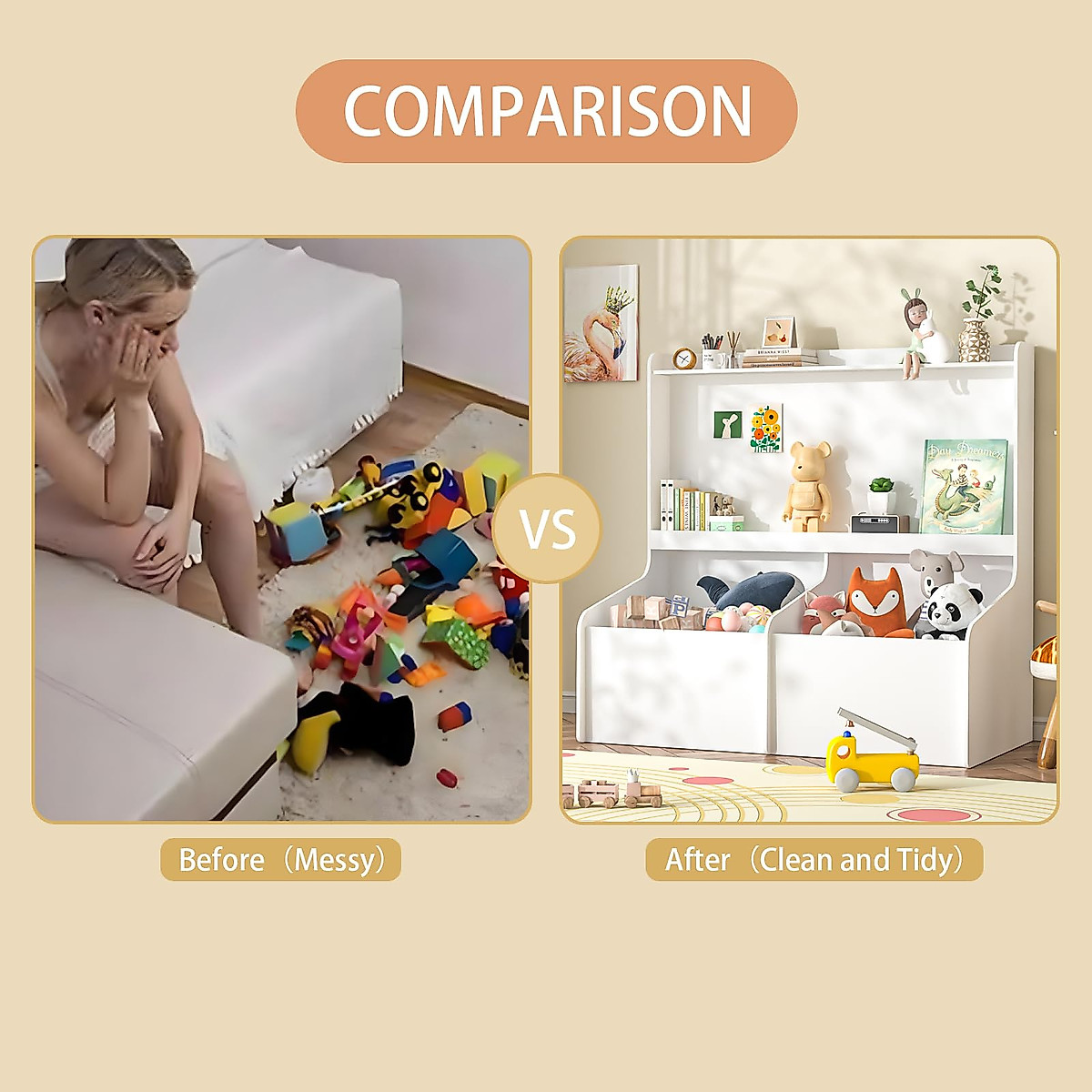 Azheruol Cubby Toy Storage Cabinet 3 Tier Wooden Children Bookcase,Toy and Book Storage Organizer Shelf for Playroom, Bedroom, Living Room, Nursery, School (White)