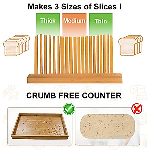 OMDS Luxury Bamboo Bread Slicer with Knife - 3 Slice Thickness, Foldable Compact Cutting Guide with Crumb Tray, Stainless Steel Bread Knife for Homemade Bread, Cake