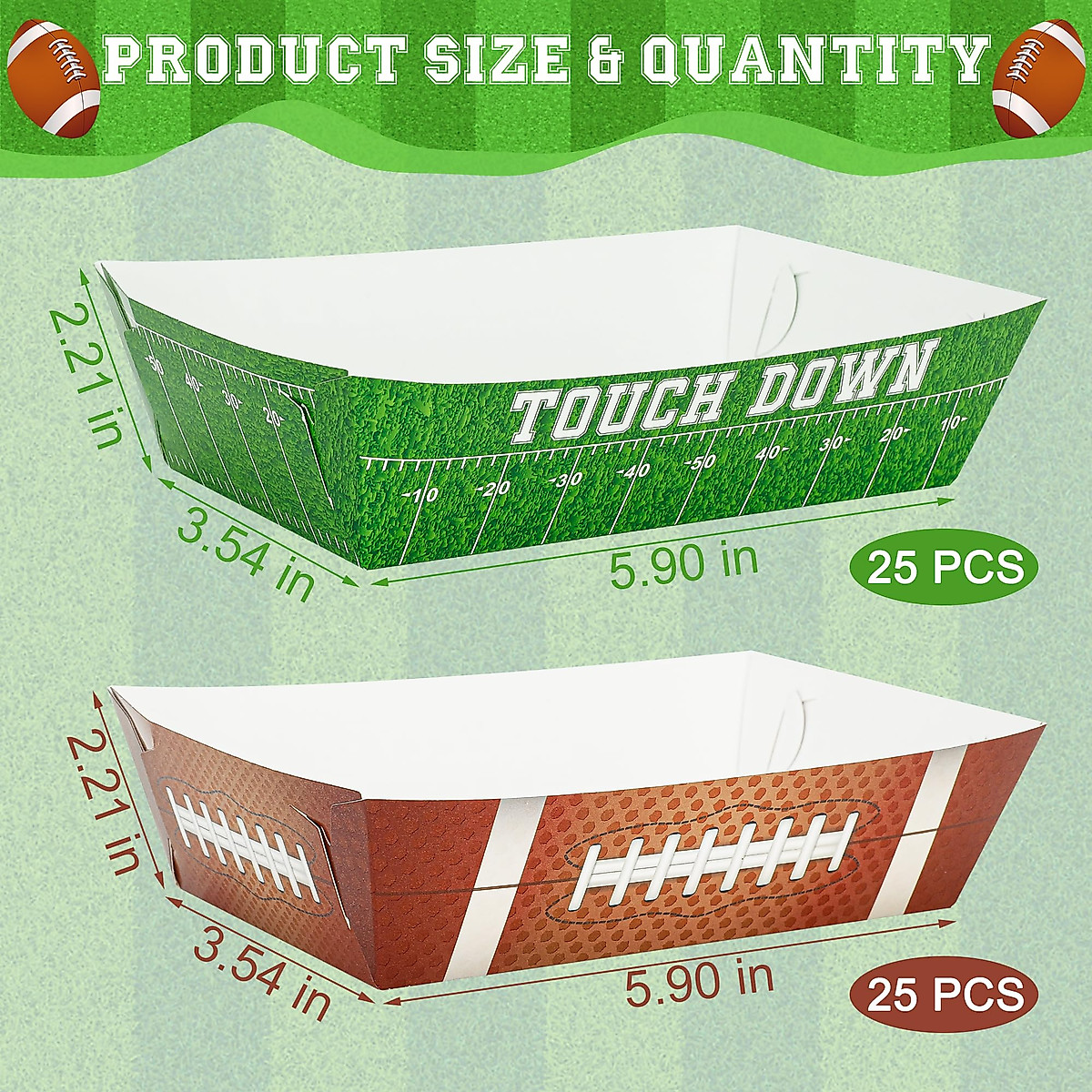 Helimoto 50PCS Super Bowl Party Supplies, Football Paper Snack Tray, Large Disposable Food Tray, Party Snacks Serving Trays for Taco Fries Hot Dog Super Bowl Decorations 2024 Party Favors Table Decor