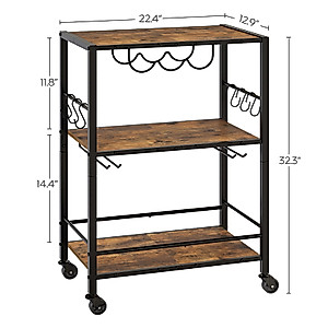 YATINEY Bar Cart, 3-Tier Serving Cart, Kitchen Cart with Wine Rack, 22.4" L x 12.9" W x 32.3" H, Microwave Cart with 6 Hooks, Beverage Cart for Kitchen, Living Room, Rustic Brown and Black BC02BR