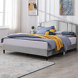 CECER Adjustable Headboard California-King Size Platform Bed Frame | Upholstered Bedframe with Headboard Covered in Dutch Velvet | Solid Wood Slat Support | Easy Assemble-Light Grey