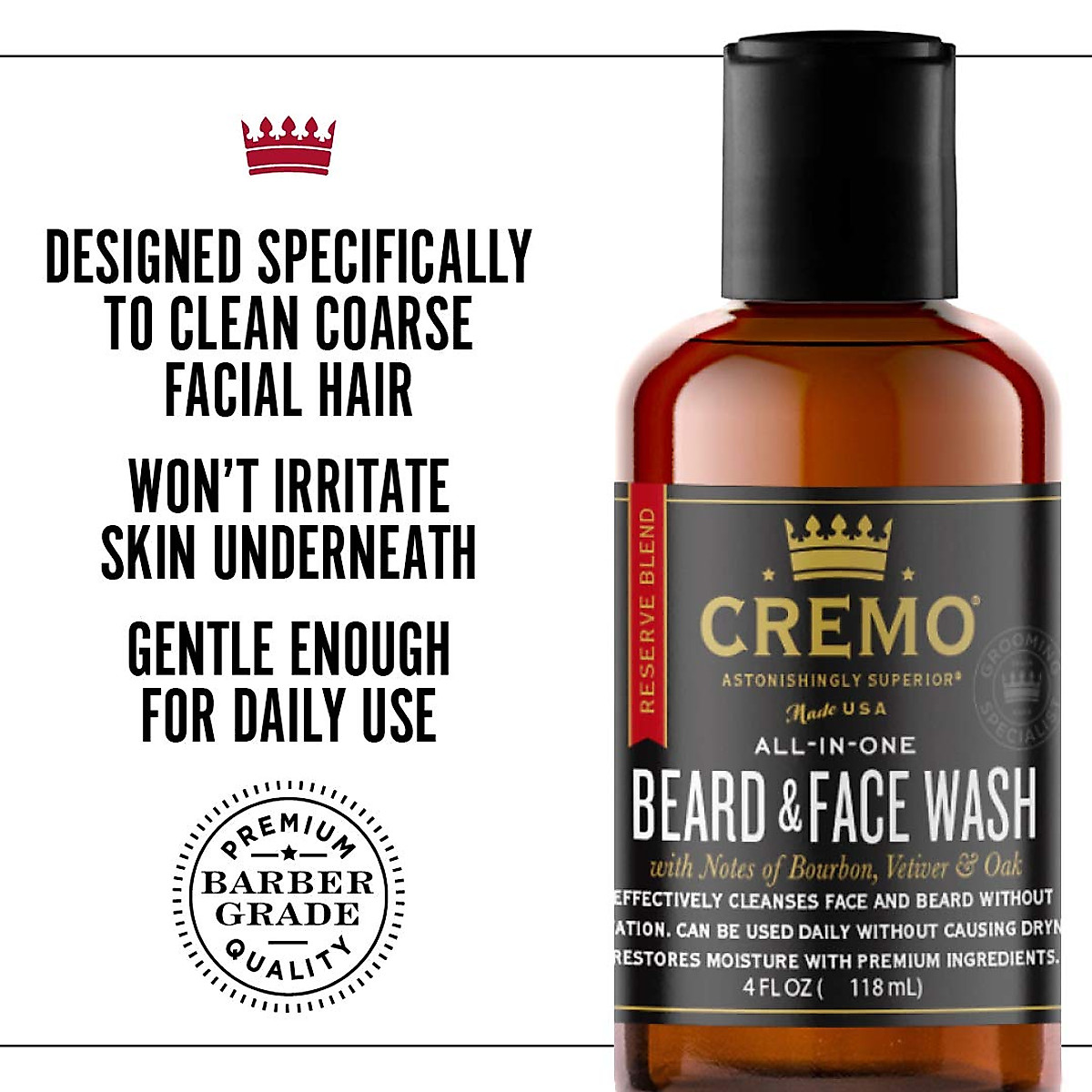 Cremo Distiller's Blend (Reserve Collection) Beard and Face Wash, Specifically Designed to Clean Coarse Facial Hair, 4 Fluid Oz