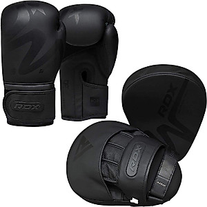 RDX Boxing Pads and Gloves Set, ConvEX Skin Leather Hook and Jab Target Focus Mitts with Punching gloves, Good for Muay Thai, Kickboxing, Martial Arts, Karate, Coaching and MMA Training Matte Black