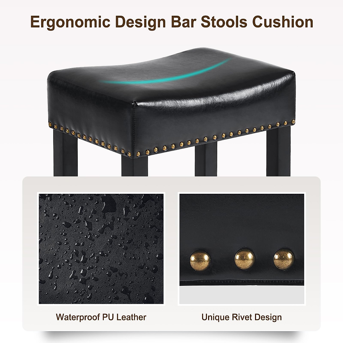 Furnimart 26” Bar Stools Set of 2 Leather Saddle Stool Counter Height Bar stools with Rivet Trim Cushion Seat Wood Counter Stools for Kitchen and Bar (PU-Black)