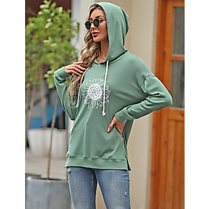 Ovanviso Women Sunflower Graphic Hoodies Long Sleeve Pullover Drawstring Sweatshirt Loose Fit Tunic Tops Light Green X-Large